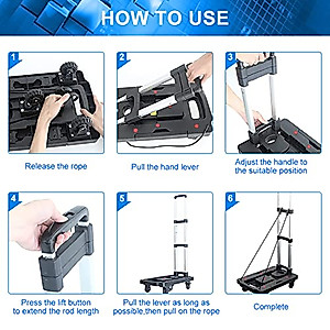 Folding Hand Truck, 330 Lbs Foldable Hand Truck Dolly Cart Heavy Duty Collapsible Trolley Portable Platform Luggage Cart with 5 Wheels & 2 Elastic Ropes for Moving, Shopping, Travel, Home, Office Use