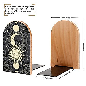 NFGSE Book Ends, Mystical Sun Face Moon Crescent Magic 2 Pcs 5 X 3 Inch Modern Home Decorative Bookends for Shelves, Fashion Design Wood Book Stopper for Heavy Books Office School Home Kitchen Planets