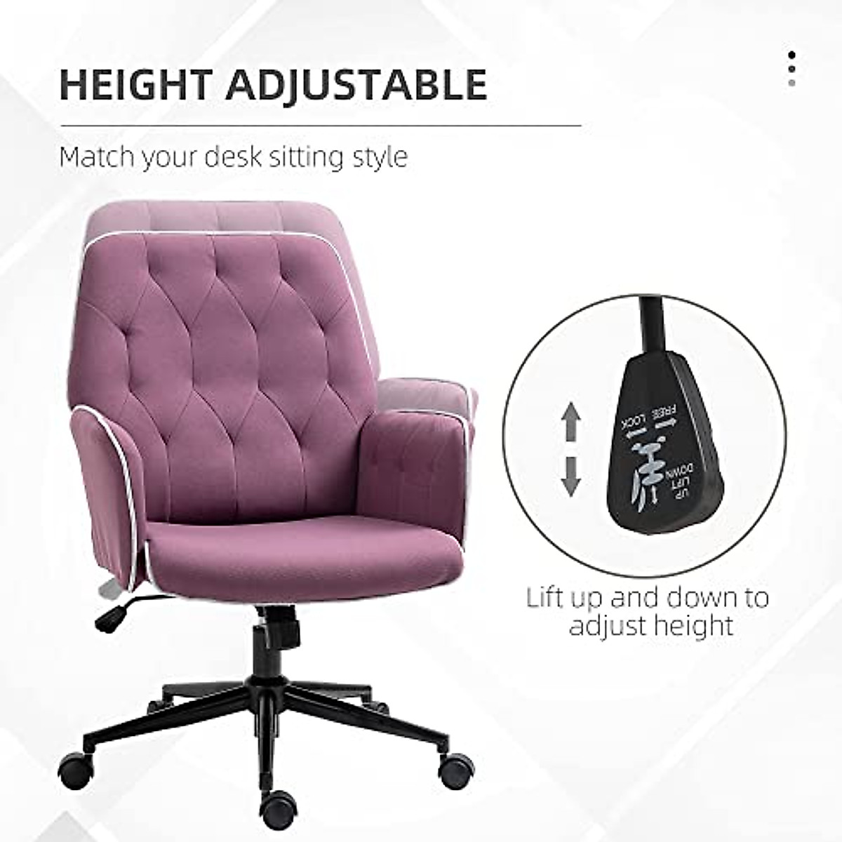 Vinsetto Modern Mid-Back Tufted Spandex Home Office Desk Chair with Adjustable Height, Swivel Adjustable Task Chair with Padded Armrests, Purple