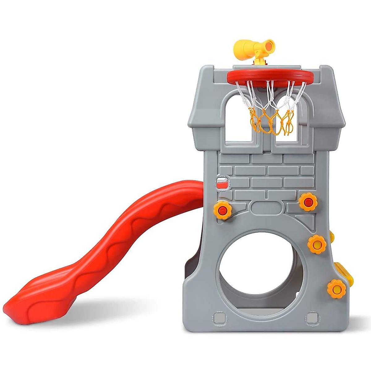 GLACER Toddler Slide, 5 in 1 Kids Climber Slide Playset w/Basketball Hoop, Telescope, Crawl Through Space, Easy Climb Stairs, Freestanding Slide Toddler Playground for Indoor and Outdoor