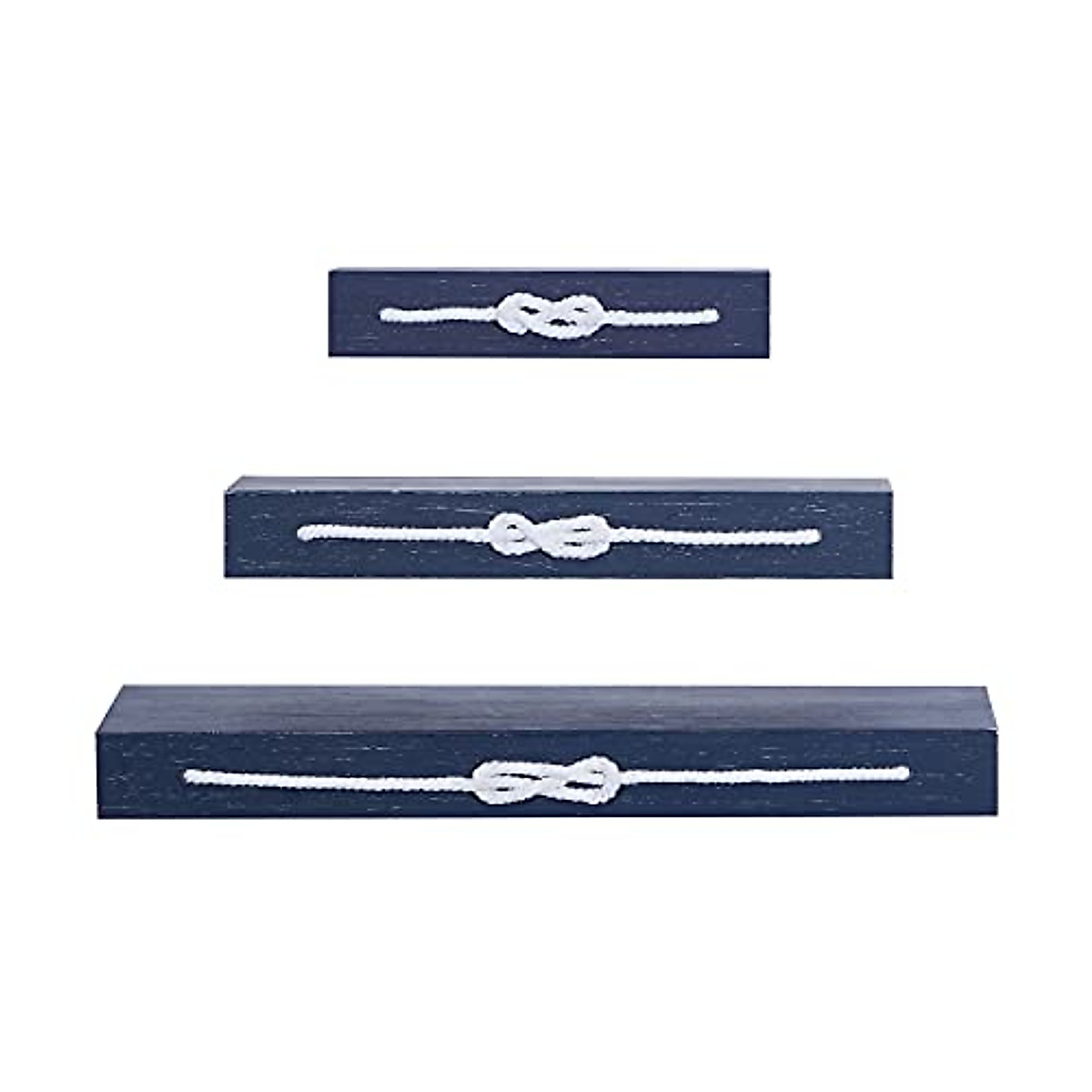 Deco 79 Wood Rectangle Wall Shelf with Knotted Rope, Set of 3 32", 24", 16"W, Blue