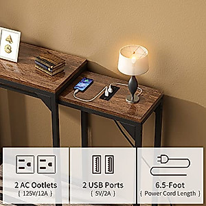 AISUNDY Console Table with Power Outlet & USB Ports, 63 Inch Narrow Long Sofa Table Set, Rustic Entryway Table Behind Sofa Couch, Industrial Vintage Hallway Table Nesting Side Table, Set of 2