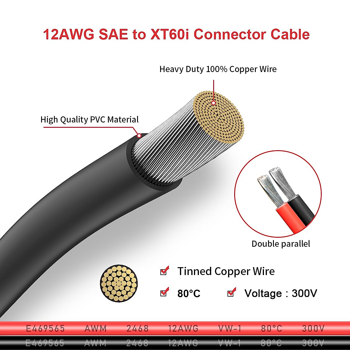 ELFCULB 12AWG XT60i to SAE Adapter Extension Cable with SAE Polarity Reverse Adapter for Portable Power Station Solar Panel Solar Generator(2FT)