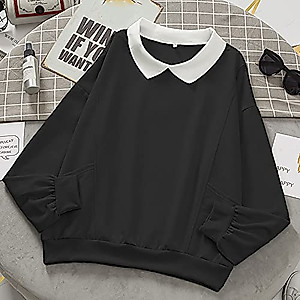 Wrenpies Women Sweatshirts Cotton Hoodie Aesthetic Pullover Turn-Down Collar Sweatshirt for Girls Kawaii Clothes Pocket Tops (Black,XL,X-Large)