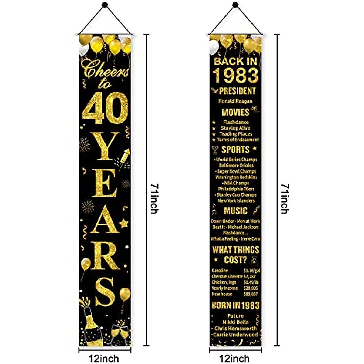 40th Birthday Door Banner Decorations for Women Men, Black Gold Happy 40th Birthday Back in 1983 Porch Sign Party Supplies, Forty Years Old Birthday for Outdoor Indoor