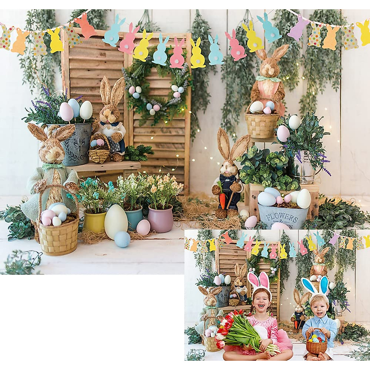 Easter Backdrop Rabbits Colorful Eggs Photography Background Spring Rustic Flower Stand Bunting Baby Shower Children Party Decoration Banner Photos Booth