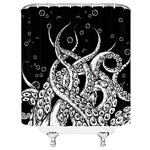 TFGGNDF 2 Piece Octopus Shower Curtain Sets with Bath Mat,White Octopus Tentacles Black Background Ocean Kraken 70"x 70" Bathroom Curatin with 12 Hooks and Bath Rugs