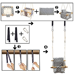 Toddler Baby Hanging Swing Seat Secure Canvas Hammock Chair with Soft Backrest Cushion - Installation Accessories Included