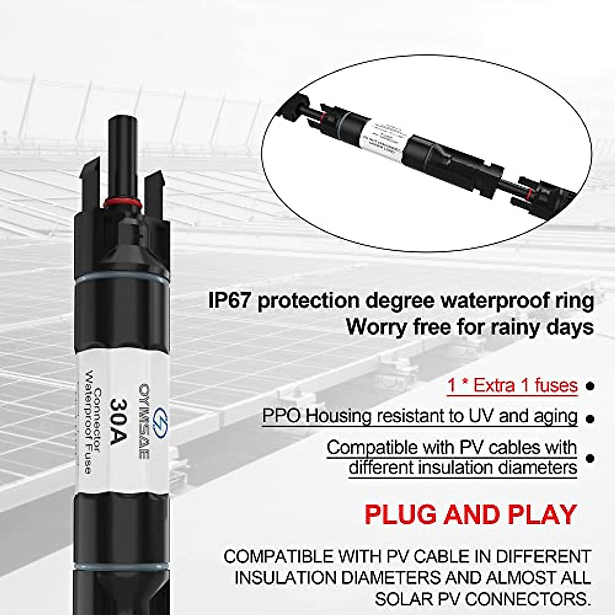 OYMSAE 30A Solar Fuse Holder Inline Male and Female Connector 30 Amp PV Fuse for Solar Pannel Waterproof w/Fuse, Black