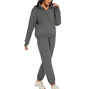 Flygo Womens Fleece 2 Piece Outfits Sweatsuit Half Zip Pullover Sweatshirt Joggers Pants Tracksuit Set (Darkgrey-M)