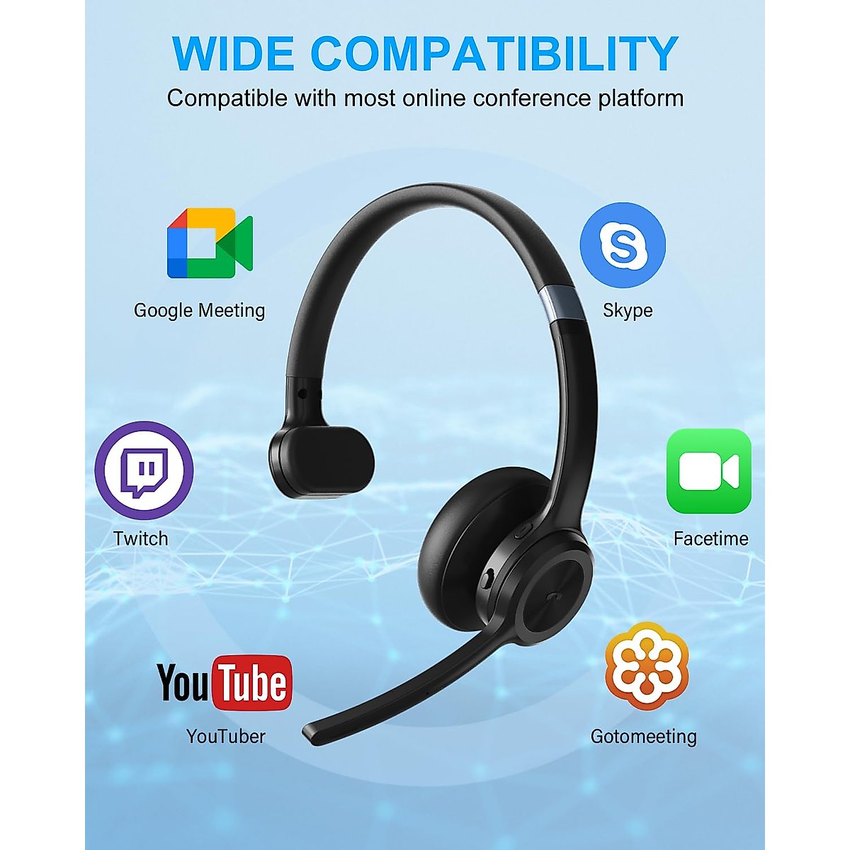 MONODEAL Trucker Bluetooth Headset, Wireless Headset with Microphone ENC Noise Cancelling & Mute Button, 30H Talk Time, Bluetooth 5.2 Headphones for Work, Office, Call Center