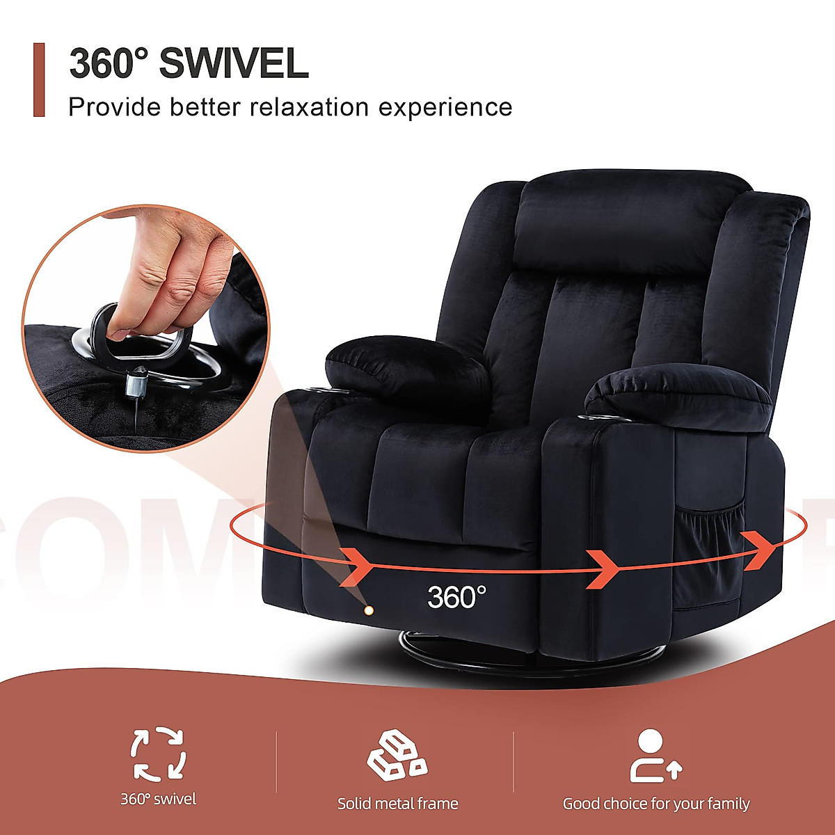 COMHOMA Recliner Chair Massage Rocker with Heated 360 Degree Swivel Lazy Boy Recliner Single Sofa Seat with Cup Holders for Living Room (Black)