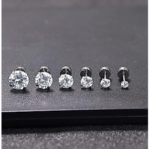 ORAZIO 6-8 Pairs 18G Stainless Steel Ear Stud Piercing Barbell Studs Earrings Round Cubic Zirconia Inlaid Cartilage Earring