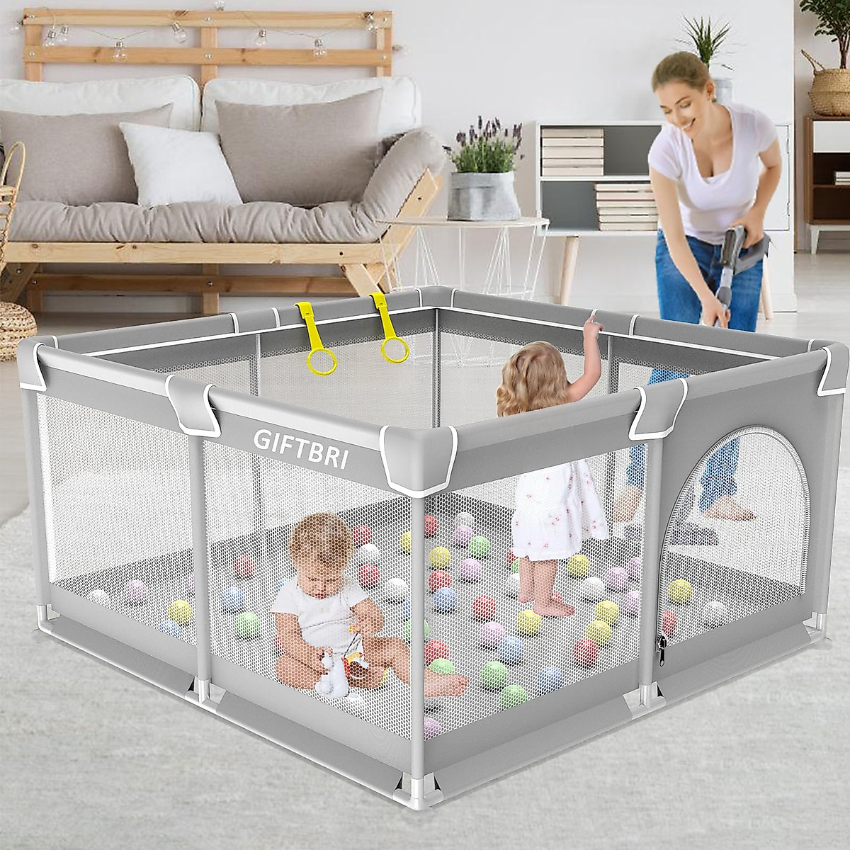 Small Playpen for Babies, Portable Playpen for Babies and Toddlers, 36x36in Safety Baby Gate Playpen Play Yard, Baby Fence Indoor Outdoor Playard Activity Center with 2 Pull Up Rings