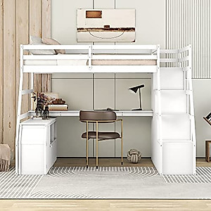 Merax Loft Bed Twin Size, Wooden Frame with Desk and Storage, Space-Saving Design with Convenient Multi-Drawers & Cabinet, for Teens Adults (White)