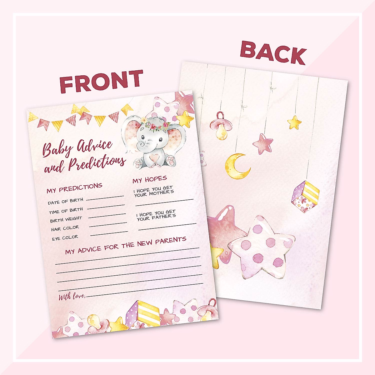 50 Deluxe Pink Elephant Advice and Predictions Cards- Large Double Sided 5 x 7 Inch for Baby Girl Shower Game, New Parent Message Book, Mom & Dad to Be, Decorations