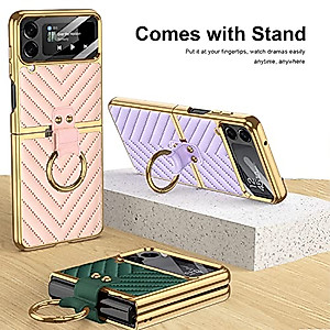 BAILI Samsung Galaxy Z Flip4 Leather Case with Finger Ring Holder Built-in Camera Cover & Screen Protector Samsung Z Flip4 Cover V Shape Pattern Design Leather Case for Z Flip 4 5G-Black