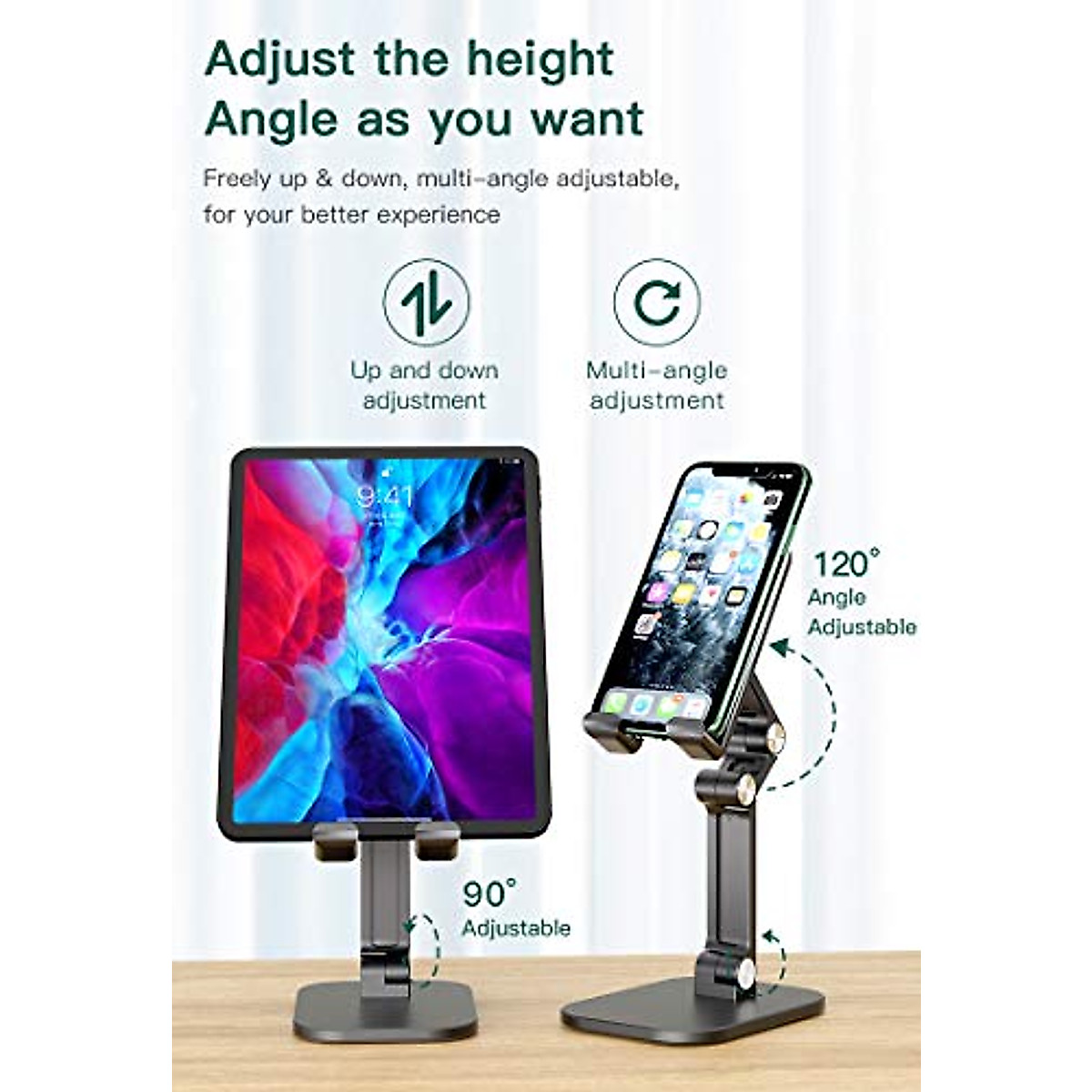 KOPTOR Cell Phone/Tablet Stand, Premiun Luxury Foldable, Portable, Angle/Height Adjustable Desk Phone Dock Holder for iPhone iPad, Samsung, Google Pixel 3.5-7.0-Inch (Silver Onyx)