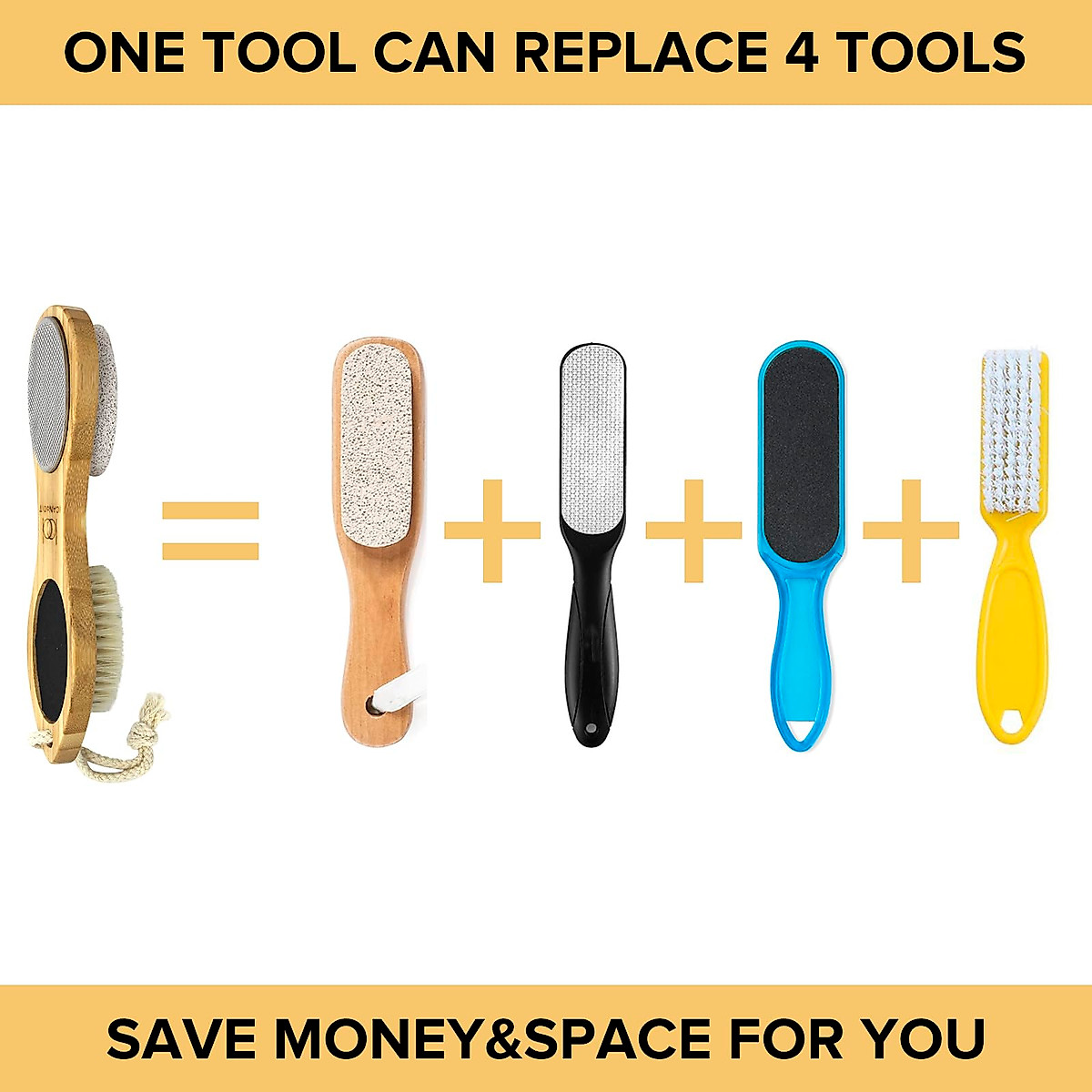 ICDI ICANdOIT Natural Bamboo Foot File Callus Remover-Multi Purpose 4 in 1 Feet Pedicure Kit with Foot Care Boar Bristle Brush,Pumice Stone,Foot Rasp,Sand Paper