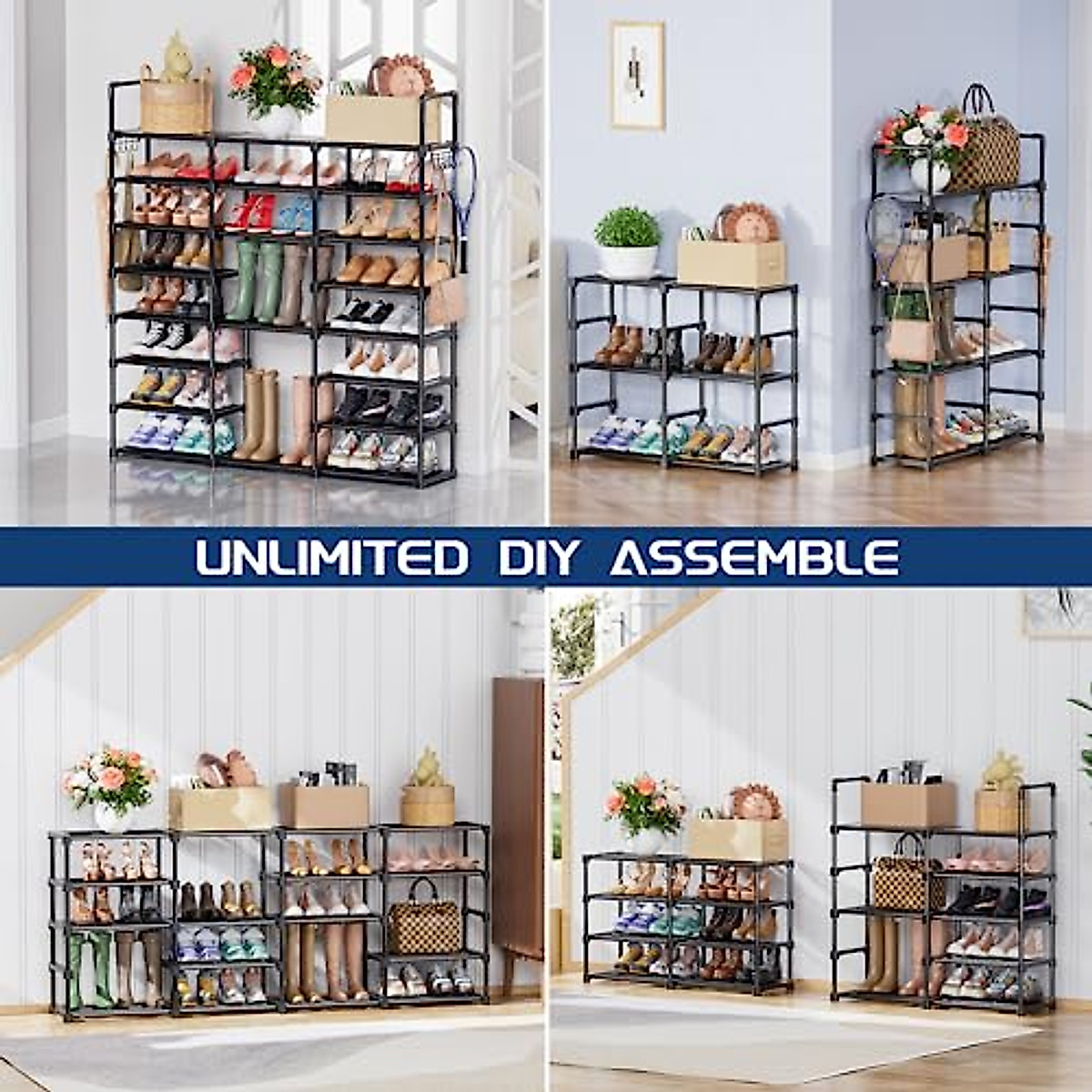 Mavivegue Metal Shoe Rack Organizer，8 Tiers Tall Shoe Shelf Storage，40-45 Pairs Vertical Large Boot Rack,Stackable Shoe Racks for Entryway, Closet, Garage, Bedroom,Cloakroom -Black