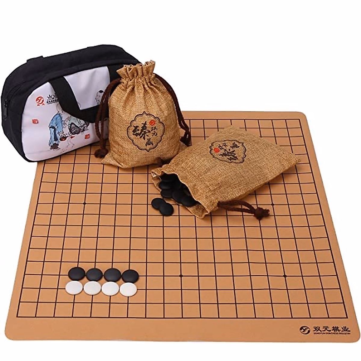 Songyun Go Set with Reversible 19x19 / 13x13 Portable Travel Go Game Set Roll-up and Foldable Artificial Leather Board with 361 Single Convex Ceramic Stones Linen Bundle Pocket Weqi Games