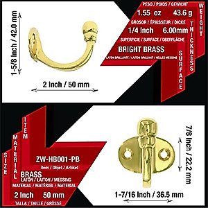 ZhongWang Hardware ZW-HB001 Solid Brass Bright Brass Coat & Hat Hook / Gancho para Abrigos y sombreros de latón macizo de latón Brillante