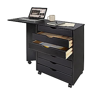 Adeptus Original Drop Leaf Roll Cart with Desk, Sold Wood, 7 Drawer Extra Wide Drawers Roll Carts, Black