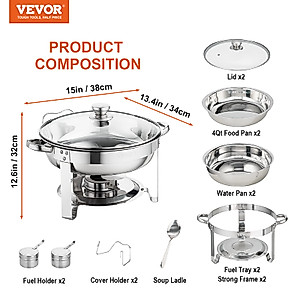 VEVOR Chafing Dish Buffet Set, 4 Qt 2 Pack, Stainless Steel Chafer w/ 2 Full Size Pans, Round Catering Warmer Server w/Vented Glass Lid Water Pan Stand Fuel Holder Hook Spoon, at Least 4 People Each