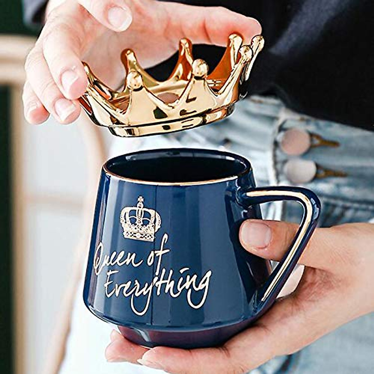 NA Crown Coffee mug, Queen of Everything Mug Perfect for Women, Cute Pink Ceramic Coffee Tea Mug with Crown Lid and Golden Spoon for Hot Cold Beverage, Gift for Women, (Navy), Navy Blue
