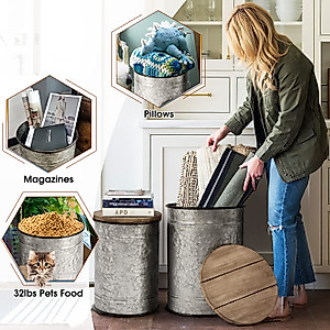 oneinmil Rustic End Table with Storage Bins Farmhouse Furniture Galvanized Metal Stool Ottoman Seat with Round Wood Lid Set of 2