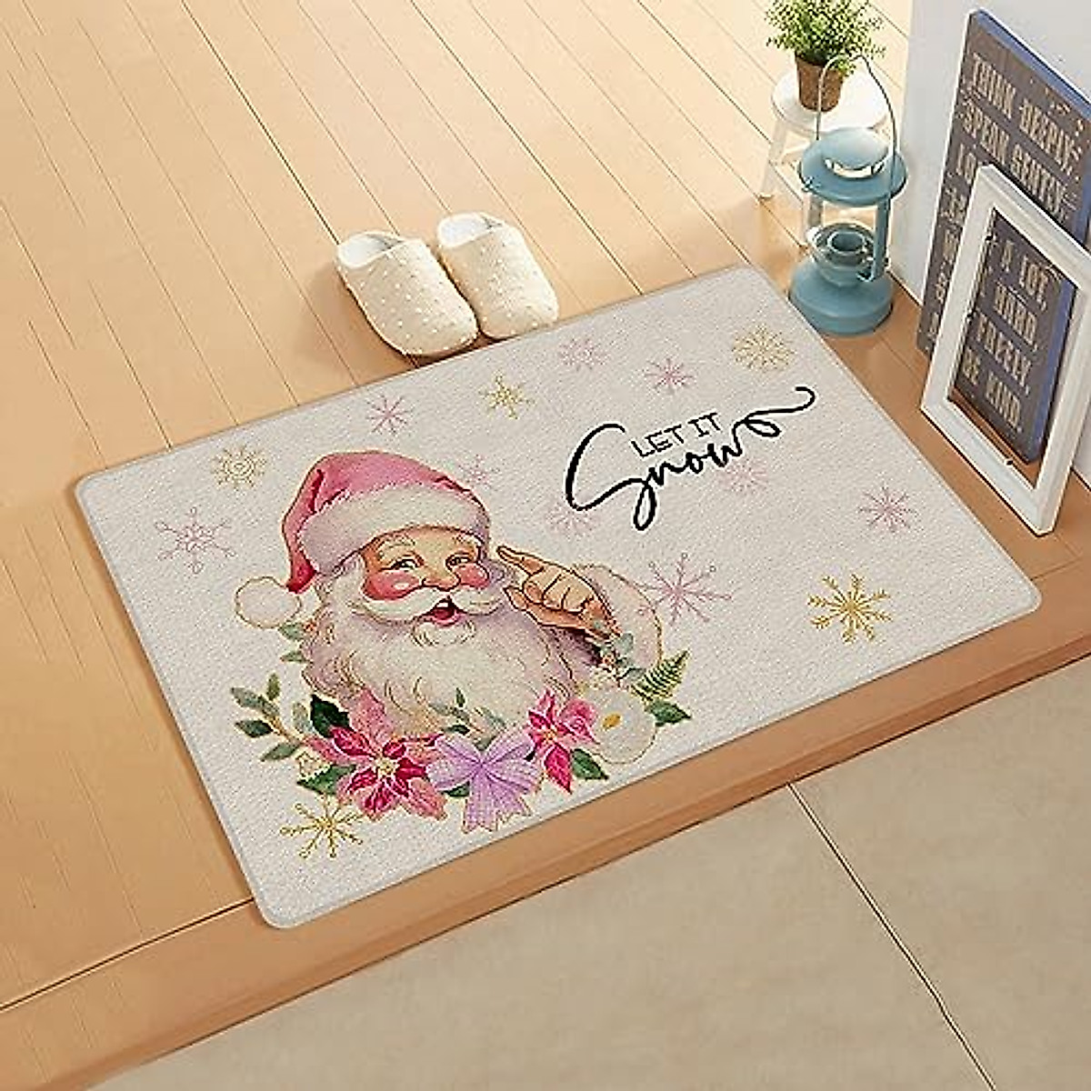 Christmas Santa Antifatigue Kitchen Bath Door Mat Cushioned Runner Rug,Washable Welcome Floor Sink Mat,Waterproof Non-Slip Comfort Standing Doormat,Blush Pink Gold Snowflakes Winter Red Flower 20"x39"