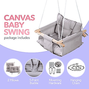 CaTeam - Canvas Baby Swing, Wooden Hanging Swing Seat Chair with Safety Belt, Durable Baby Swing Chair, Outdoor and Indoor Swing for Kids, Mounting Hardware Included, Taupe Gray