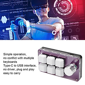 6 Fully Programmable One Handed Mechanical Keyboard,Type C USB Wired Numeric Keypad Mini Keypad with Knob 6 Key Mini Mechanical Gaming Keyboard Custom Knob KeyPad for Windows Linux