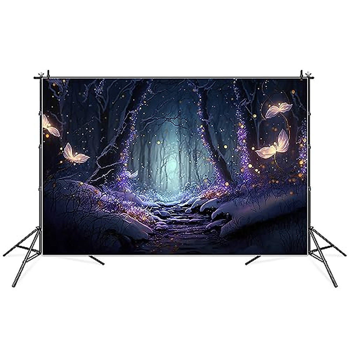 MOONDECO Photography Backdrop 7x5ft Butterfly Wonderland Forest Road Birthday Background Children Bluey Party Photo Booth Props Fire Fly Lamp Light Decorations