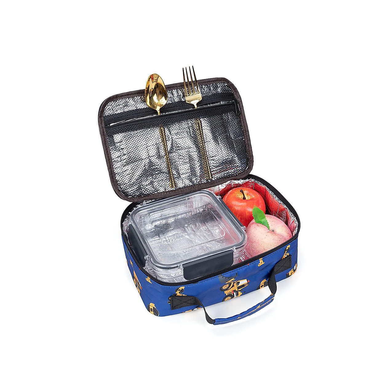 Lunch Box Kids Boys Insulated Lunch Cooler Bag Reusable Lunch Tote Kit for School Travel (Engineering Car Blue)