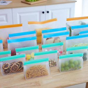 Moretoes 21 Pack Reusable Ziploc Bags (5 Gallon Freezer Bags+8 Reusable Sandwich Bags+8 Snack Ziplock Bags), Silicone Bags Reusable Storage, Quart Bags Washable for Fruit Salad, 3 Colors