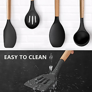 IOCBYHZ Silicone Cooking Utensils Set of 5, Heat Resistant Silicone Kitchen Utensils Set w Wooden Handle, BPA Free Silicone Spatula Spoon Turner Set Kitchen Gadgets Utensils Set for Nonstick Cookware