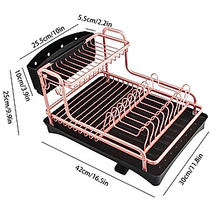 Tomorotec Never Rust Aluminum Dish Rack and Drain Board with Utensil Holder, 2-Tier Kitchen Plate Cup Dish Drying Rack Tray Cutlery Dish Drainer (Matt Rose Gold)