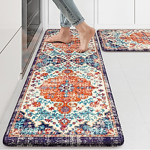 KIMODE Anti Fatigue Kitchen Mat, Boho Vintage Kitchen Rugs Sets of 2, Cushioned Non-Slip Kitchen Mats for Floor, Comfort Kitchen Floor Mats for Sink, Laundry, Desk Orange/Purple,17"x47"+17"x29"