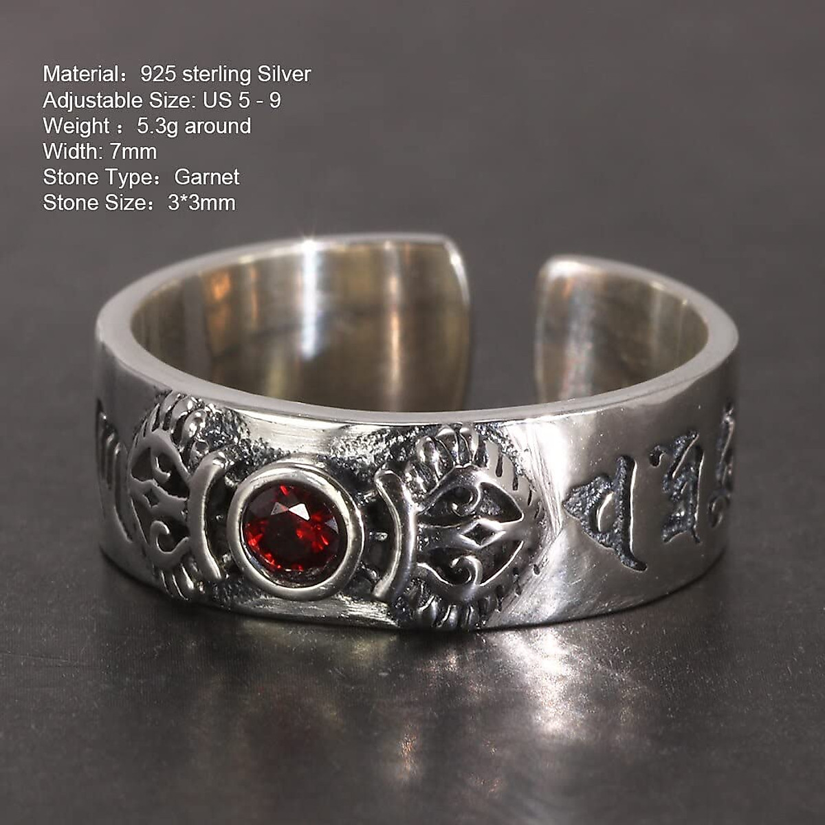 Pure Silver Ring, Buddhism six true word ,Sterling Silver 925 , Natural Garnet Gemstone, Adjustable open ring, Retro Folk style, unisex ring