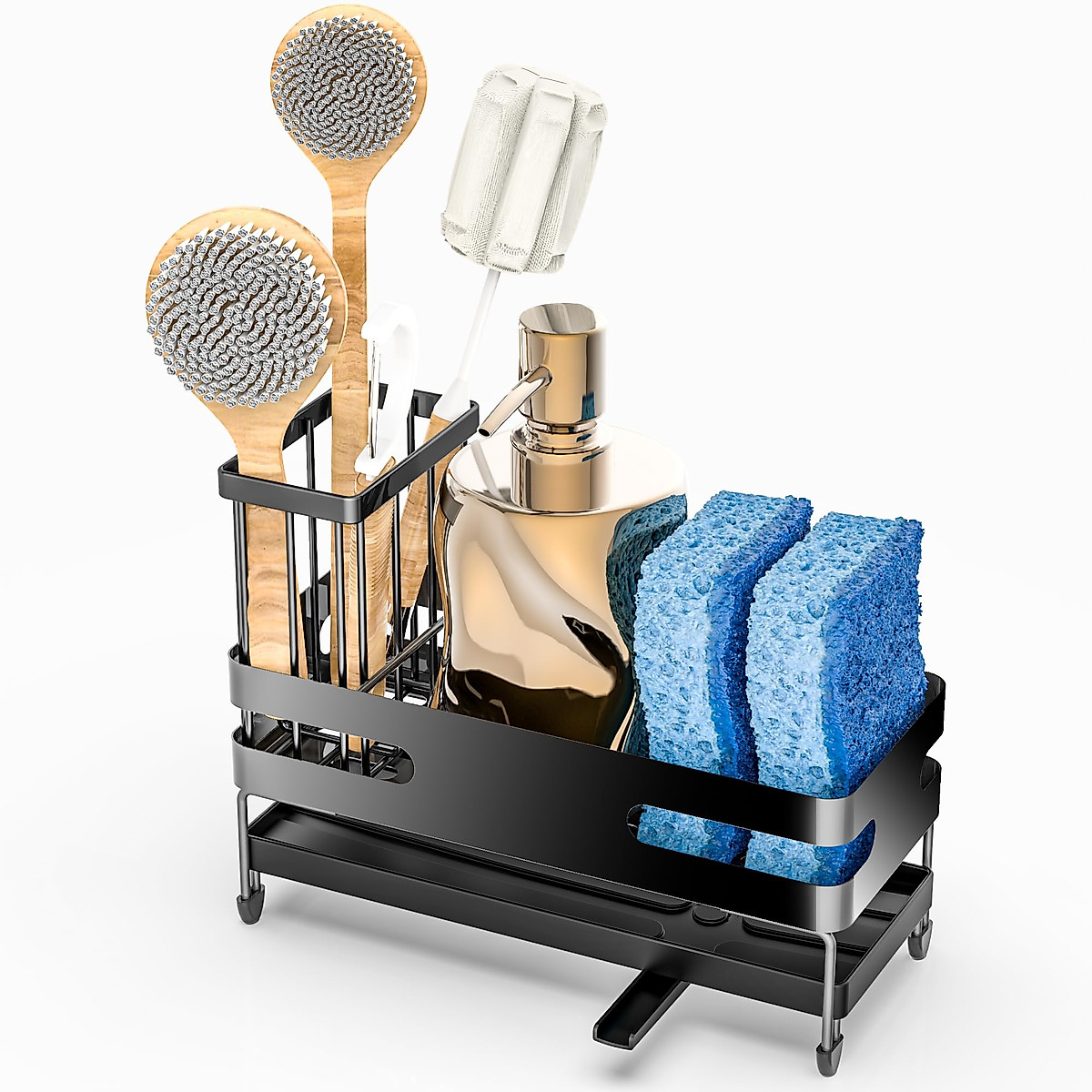 galasily Kitchen Sink Caddy Sponge Holder for Kitchen Sink with Brush Holder and Stainless Steel Self Drain Tray, Rustproof Kitchen Sink Organizer for Sponge, Kitchen Accessories (Black, Large)