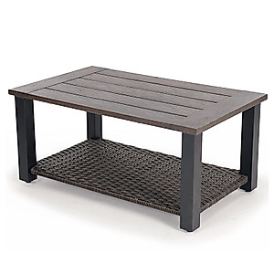 Grand patio Outdoor Coffee Table 40In Aluminum Steel Side Table Modern Rectangle Fits with Conversation Set All-Weather Resin Wicker Storage Shelf Wood Grain Finish Tabletop