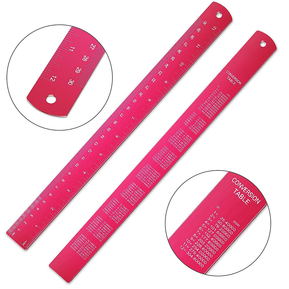 Stainless Steel Ruler and Metal Rule Kit with Conversion Table (Rose Red, 12 Inch, 6 Inch)