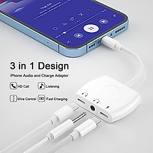 Lightning to 3.5mm Headphone Jack Audio Adapter,iPhone to 3.5mm Earphone Splitter Adapter with Charging Port,iPhone to aux adapter,Compatible With iPhone 13/12/11/X/8/8/7,Support Newest iOS 15