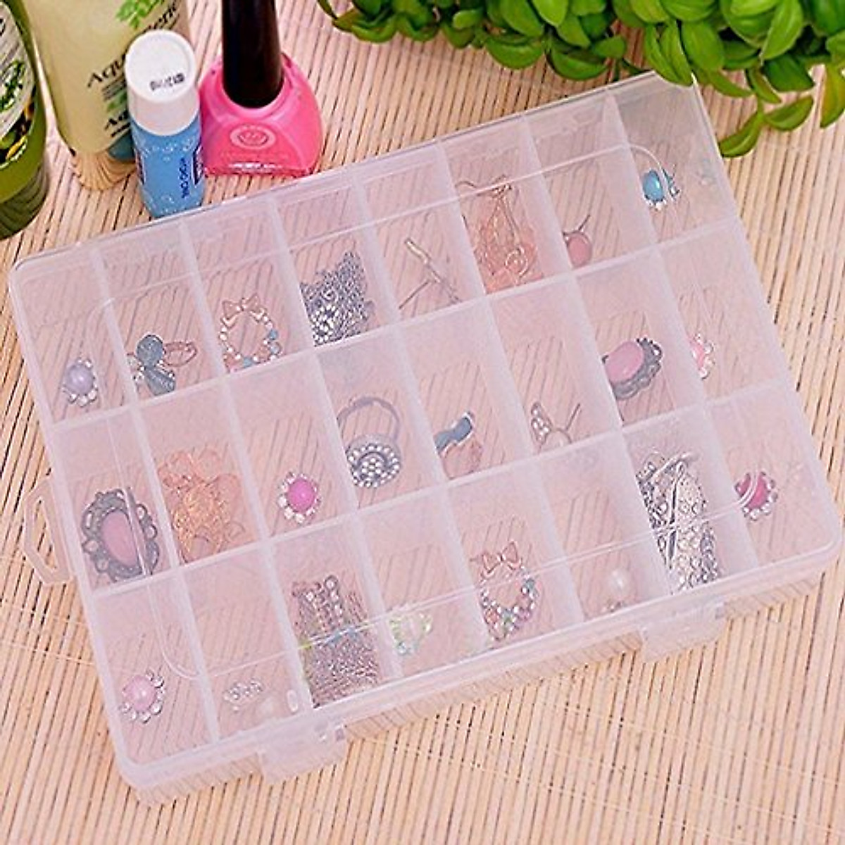 wankausonline 2 Pack Clear Dividers Box 24 Grids Adjustable Plastic Jewelry Organizer and Storage Container for DIY Art Clear Craft Box
