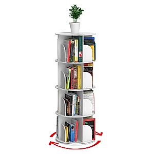 Rotating Bookshelf, Revolving Bookcase, Spinning Book Shelf, 4 Tier, 18.2” W x 50.6” H, White, Wood, 360 Degrees Bookshelves, Floor Stand, Rotation Display Tower, Stackable, Round, for Kids, Children