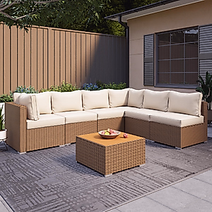 LAUSAINT HOME Outdoor Patio Furniture, 7 Piece Patio Furniture Set PE Rattan Sectional Conversation Sets with Thick Cushions & Wood-Like Coffee Table for Garden, Porch(Beige/Brown Wicker)