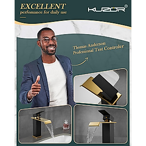 KUZOR Waterfall Bathroom Faucets 1 Hole Single Handle, Matte Black & Shiny Gold Bathroom Sink Faucet with Metal Pop Up Drain, Modern Square Faucet for Bathroom Sink Single Hole