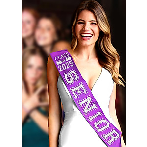 Senior Sash 2025 - Silver Sparkle Class of 2025 Senior Purple Premium Grade Satin Sash - High School Graduation Gifts - Purple Sash (ClsOf25) SLV/Pur