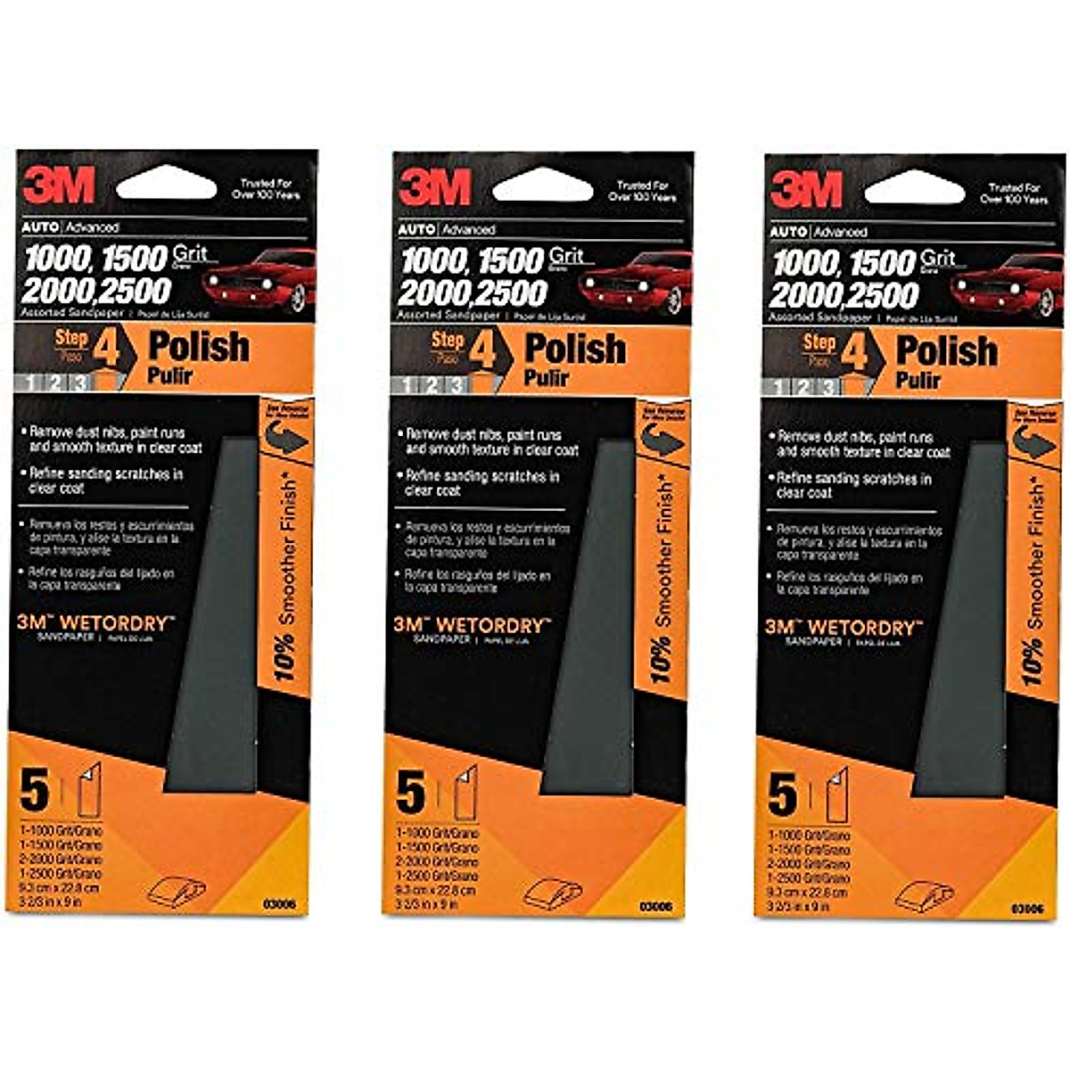 3M(TM) Wetordry(TM) Sandpaper, 03006, 3-2/3 in x 9 in, Assorted, 3 Pack